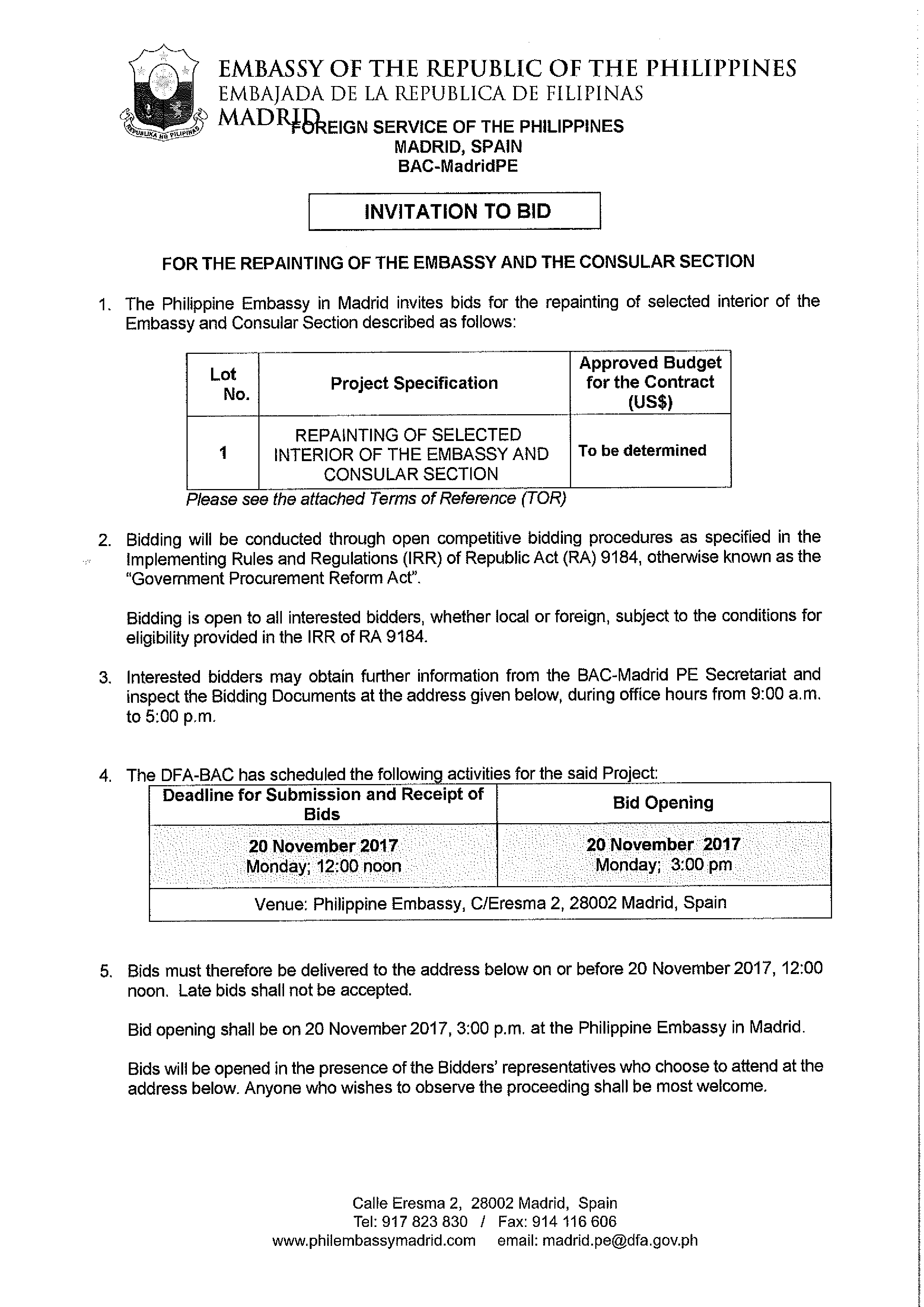 Invitation to Bid: Repainting of Consular Section | Philippine Embassy ...