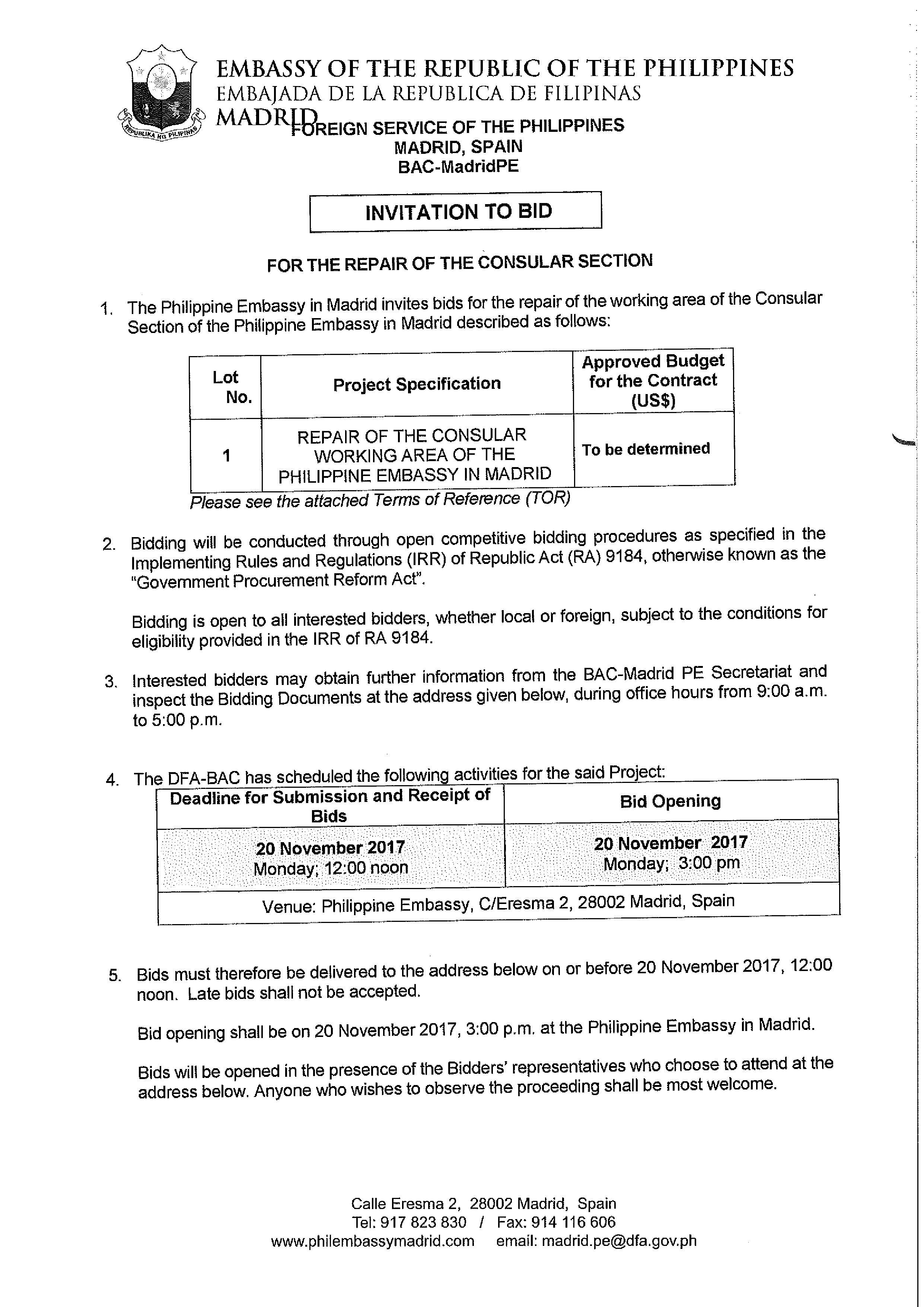 Invitation to Bid: Repair of Consular Section | Philippine Embassy Madrid