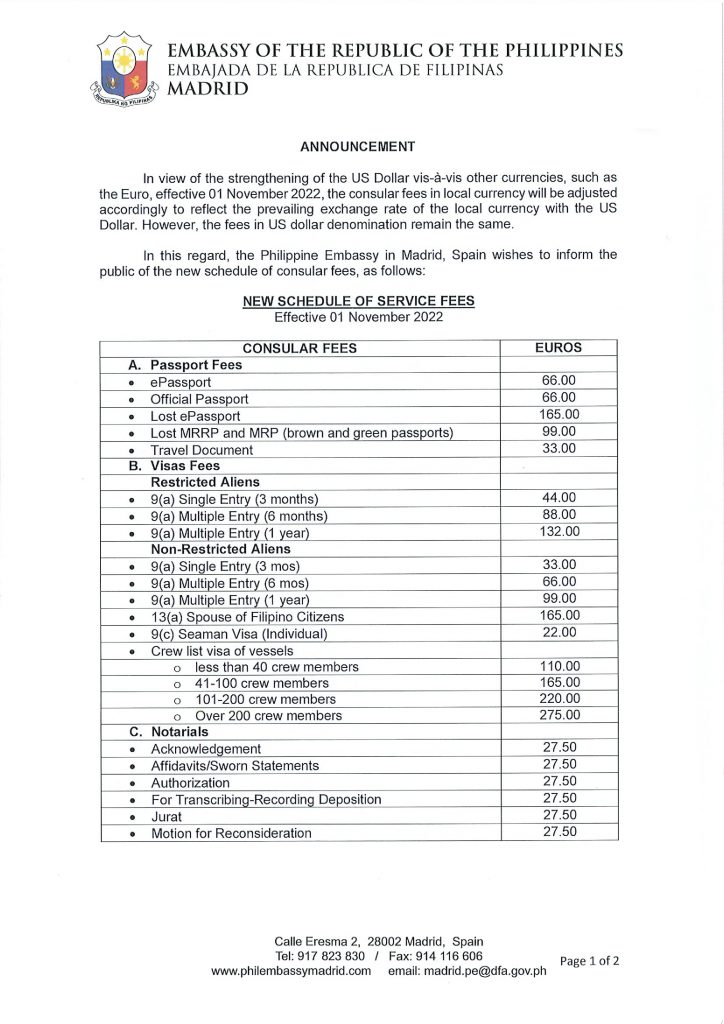 Consular Fees | Philippine Embassy Madrid