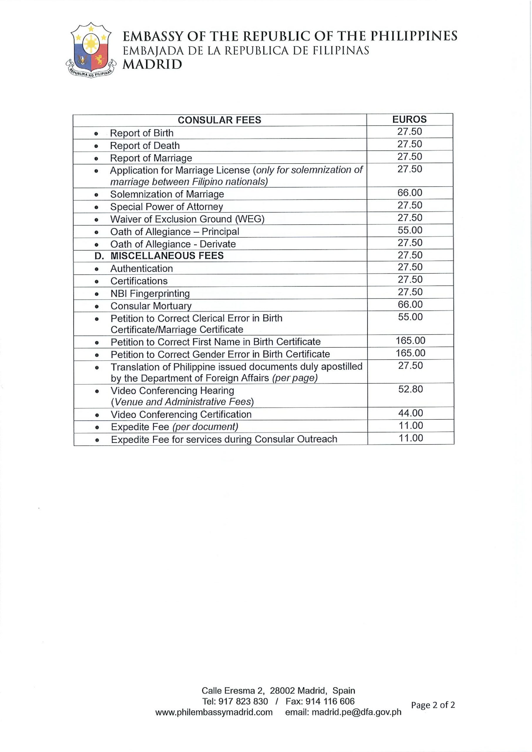 Consular Fees | Philippine Embassy Madrid