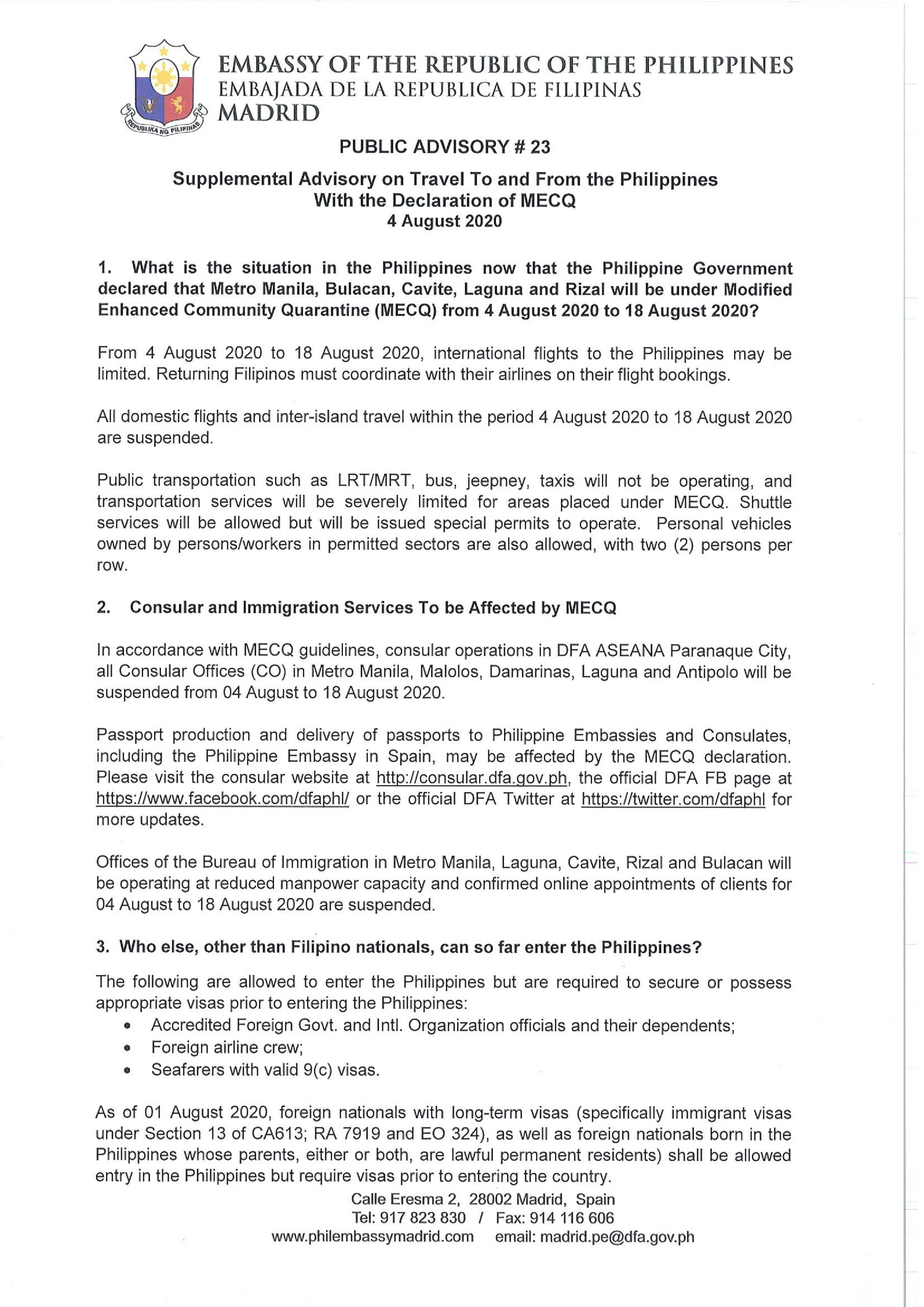 Public Advisory Supplemental Advisory on Travel to and from the ...