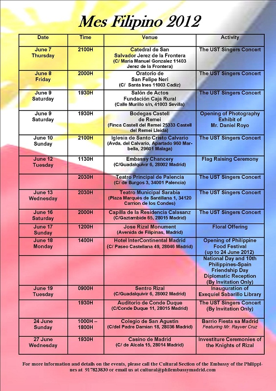 Schedule for Mes Filipino 2012 | Philippine Embassy Madrid